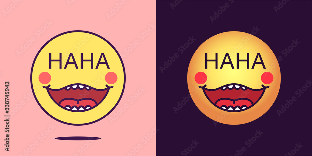 Emoji face icon with phrase HaHa. Laughing emoticon with text HaHa. Set ...
