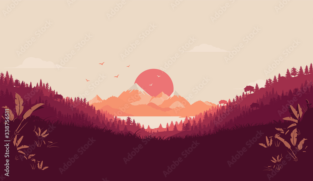 Vector landscape illustration with red sun. Beautiful view from forest ...