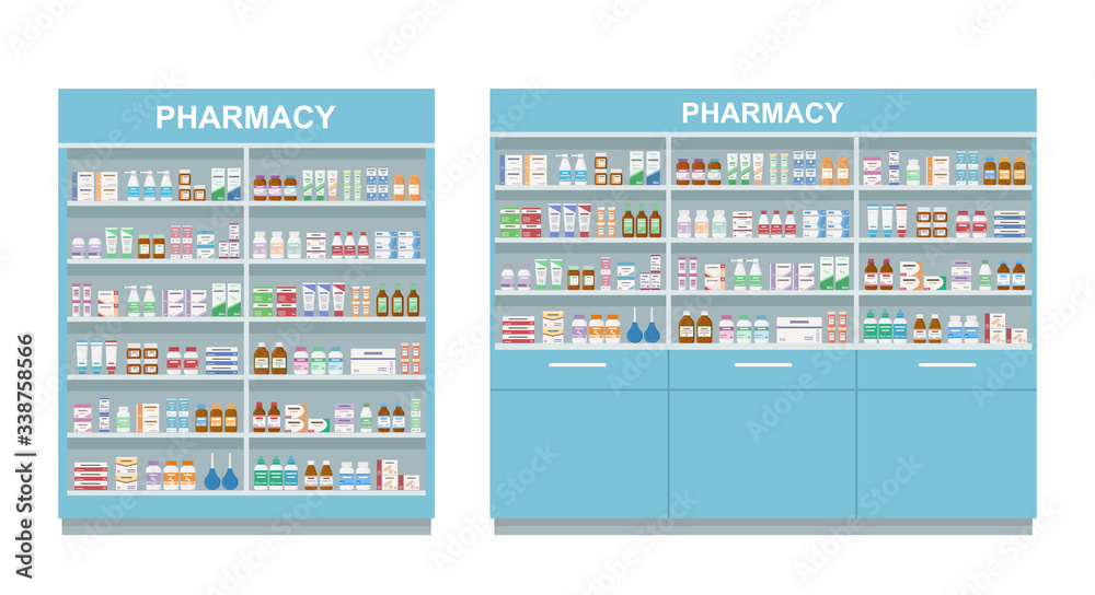 Pharmacy shelves with medicines. Two large racks isolated on white ...