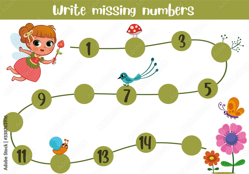 Mathematics educational game for kids. Complete the row, write missing ...