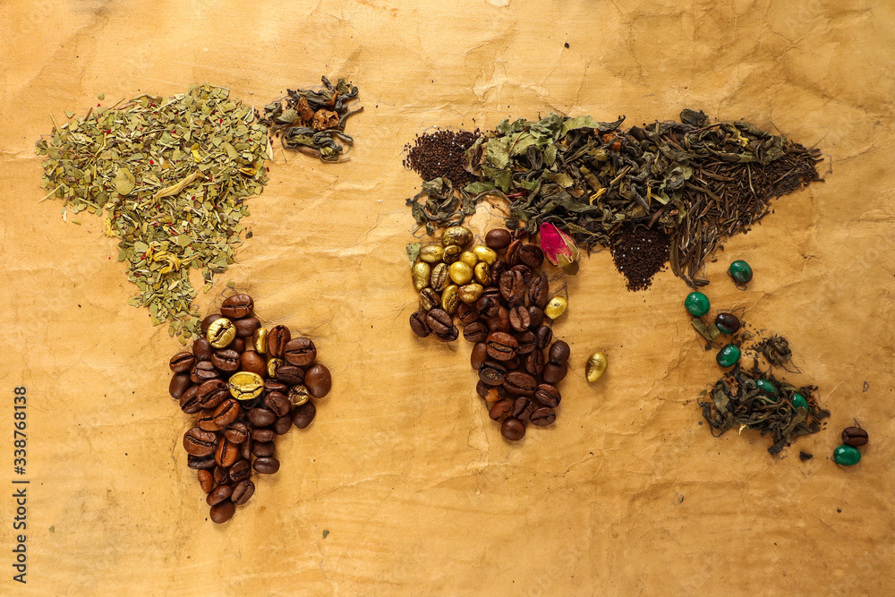 Map of world made with various sorts of tea and coffee Stock Photo ...