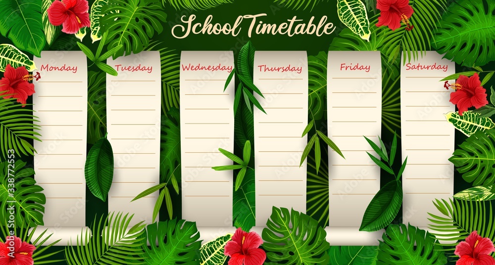 School timetable with tropical leaves, vector weekly planner template ...