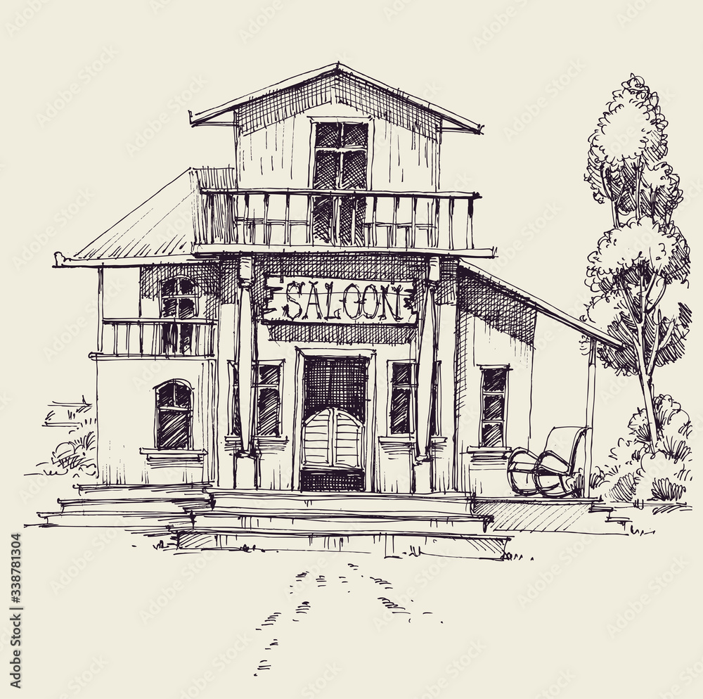 Wild west saloon building vector hand drawing Stock Vector | Adobe Stock