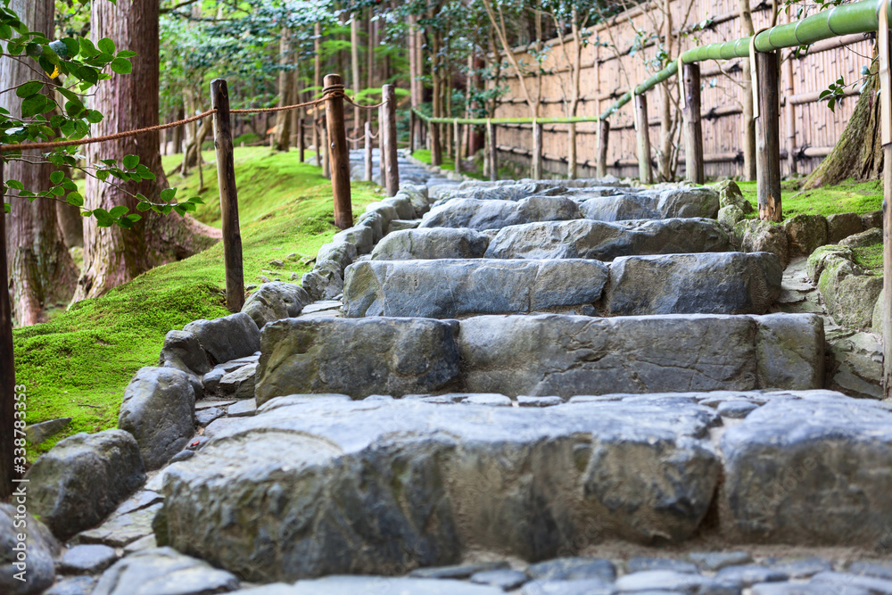 Stone pathway and stair are for visitors in beautiful moss garden of ...