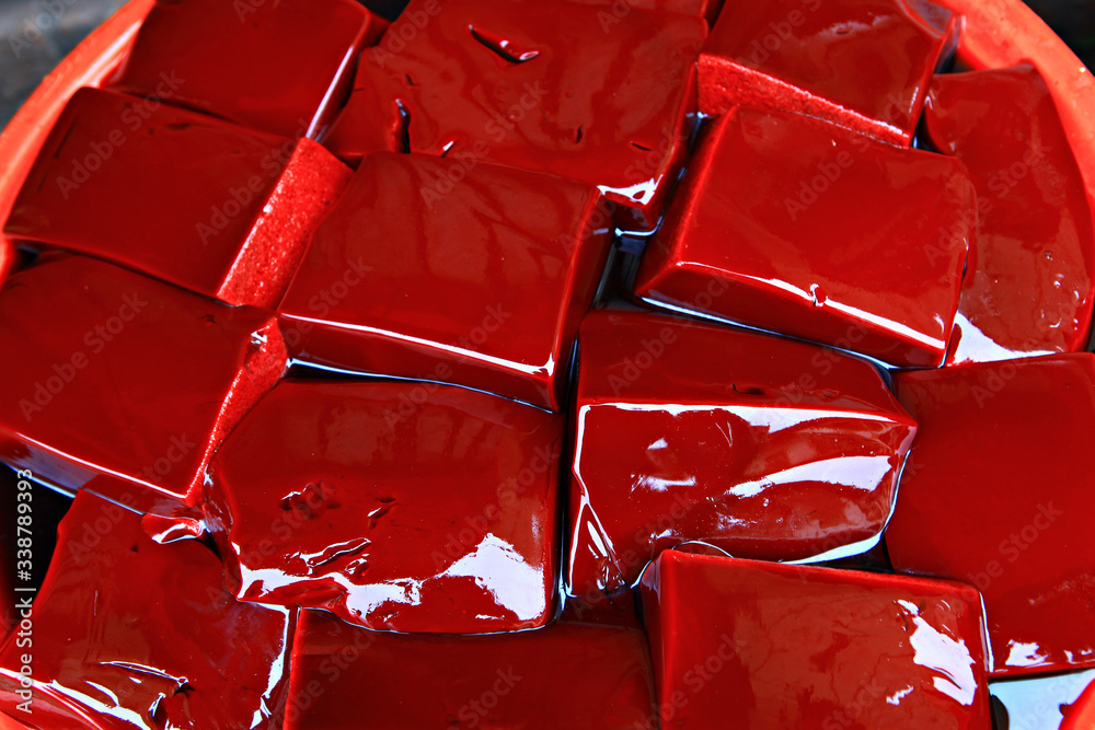 Pig blood curd or Blood Pudding asian local food in Fresh Market ...