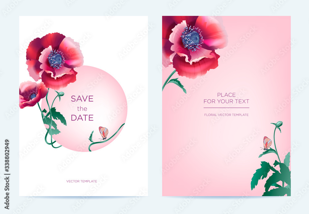 Modern invitation card template in Botanical style. Red poppies on a ...