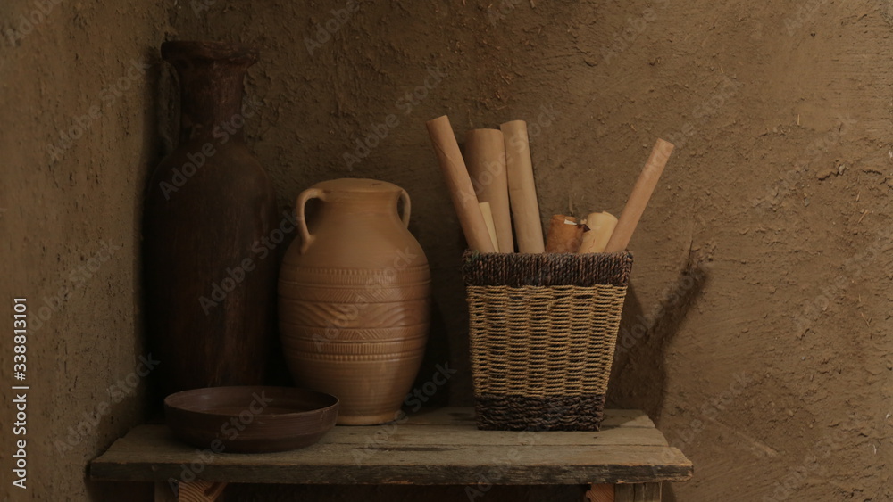 Biblical scene of the interior of a Jewish house with earthen water ...