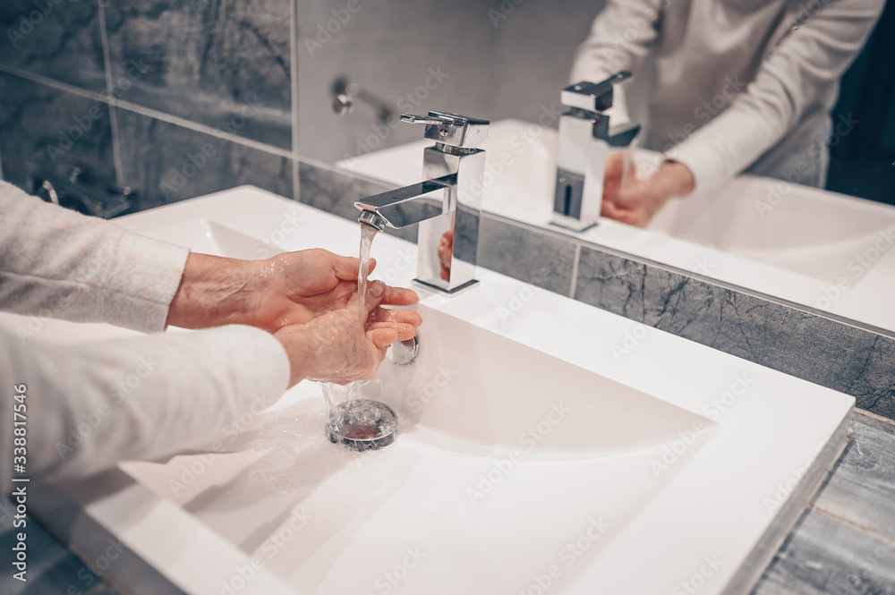 Hand washing lather liquid soap rubbing wrists handwash step senior ...