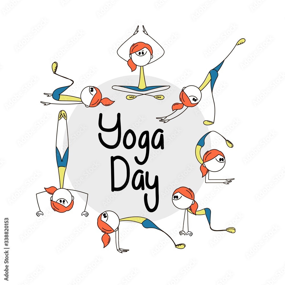 Doodle stick figure: Set with woman exercising various different yoga ...