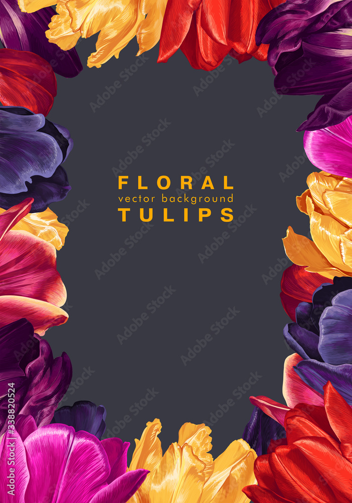 Vertical backdrop with multi-colored tulip flower frame on dark ...