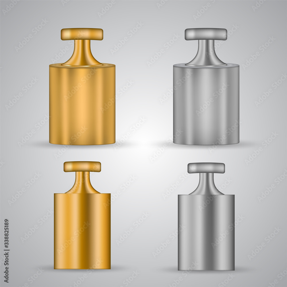 Vintage kitchen metallic weights in silver and gold isolated on white ...