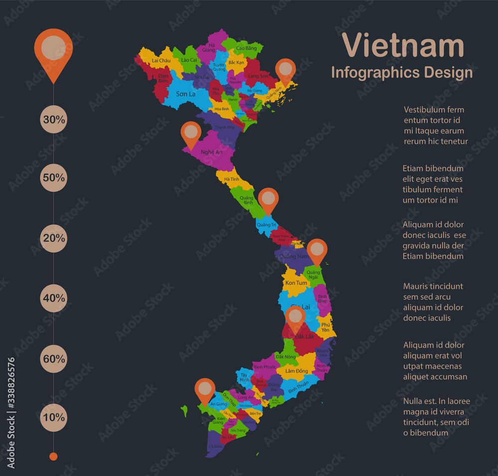 Infographics Vietnam map, flat design colors, with names of individual ...