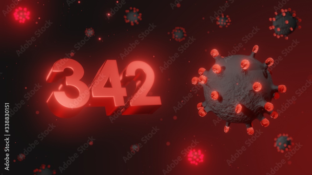 Number 342 in red 3d text on dark corona virus background, 3d render ...