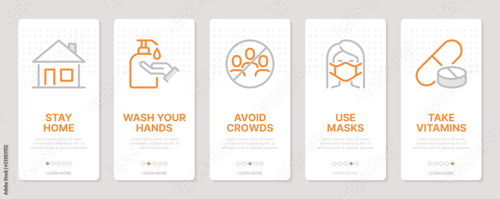 Coronavirus related vertical cards. Mobile app onboarding screens ...