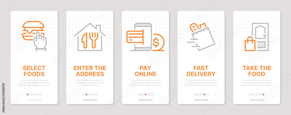 Food delivery related vertical cards. Mobile app onboarding screens ...