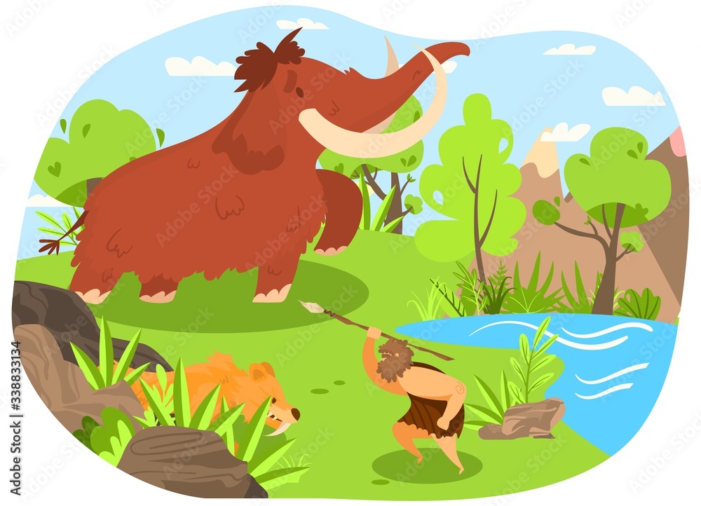 Ancient tribe, hunting mammoth, saber toothed tiger, character male ...