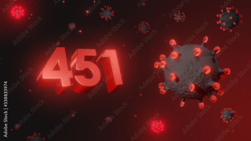 Number 451 in red 3d text on dark corona virus background, 3d render ...