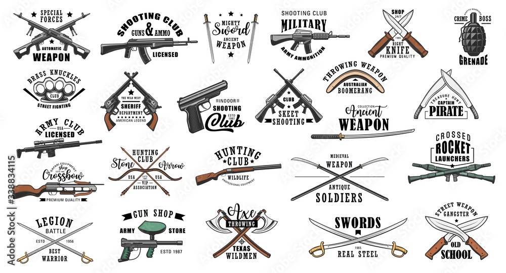 Guns and military weapon shop vector icons and symbols. Hunting ...