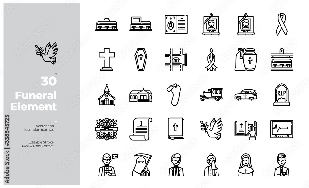 Vector Line Icons Set of Funeral Icon. Editable Stroke. Design for ...