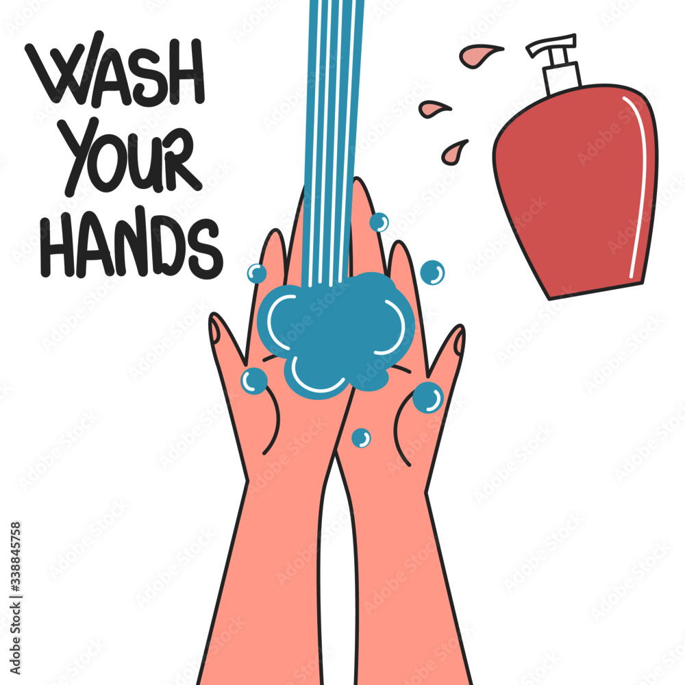 cute cartoon hand washing with hand drawn lettering wash your hands ...