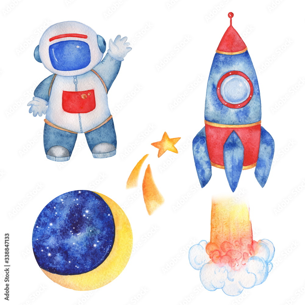 A Set Space. Watercolor illustration. Children's drawing. Isolated on ...