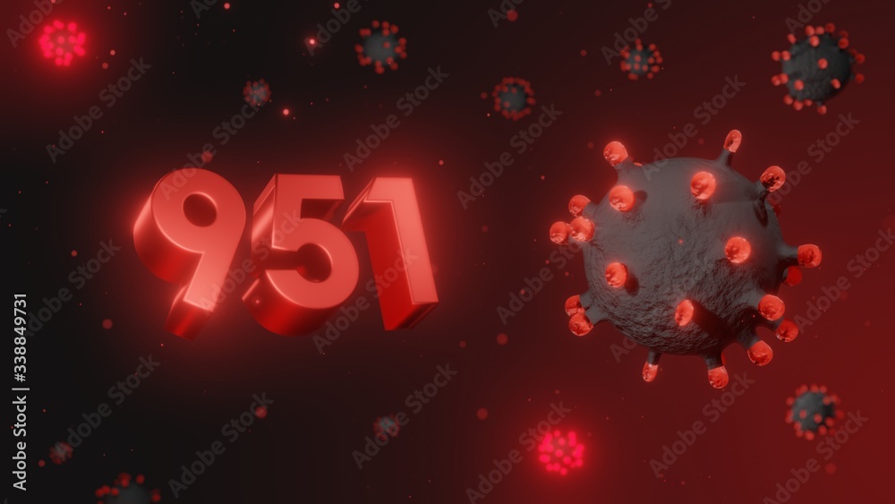 Number 951 in red 3d text on dark corona virus background, 3d render ...