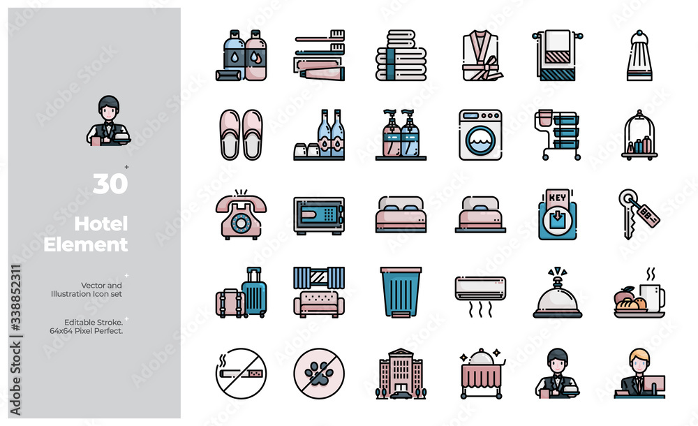 Vector Color Line Icons Set of Hotel Essential Icon. Editable Stroke ...