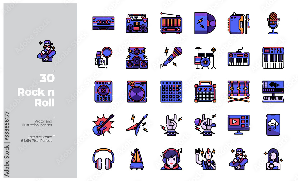 Vector Color Line Icons Set of Rock n Roll and Music Festival Icon ...