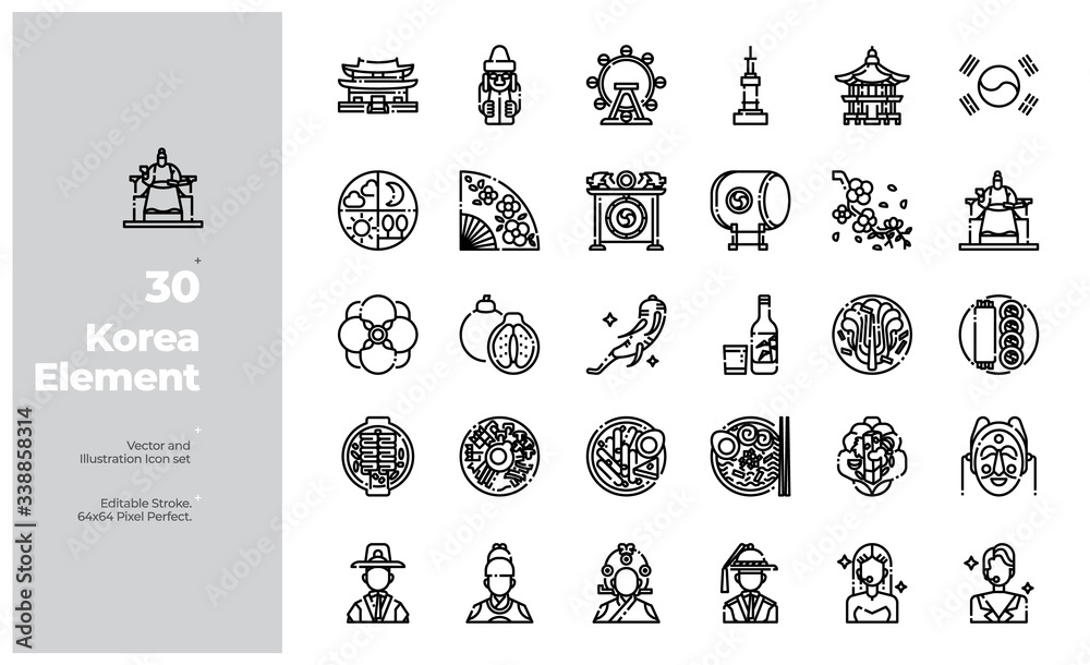 Vector Line Icons Set of South Korea Icon. Editable Stroke. Design for ...