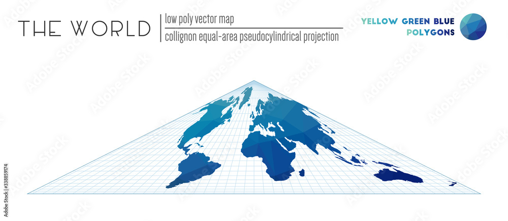 Polygonal world map. Collignon equal-area pseudocylindrical projection ...