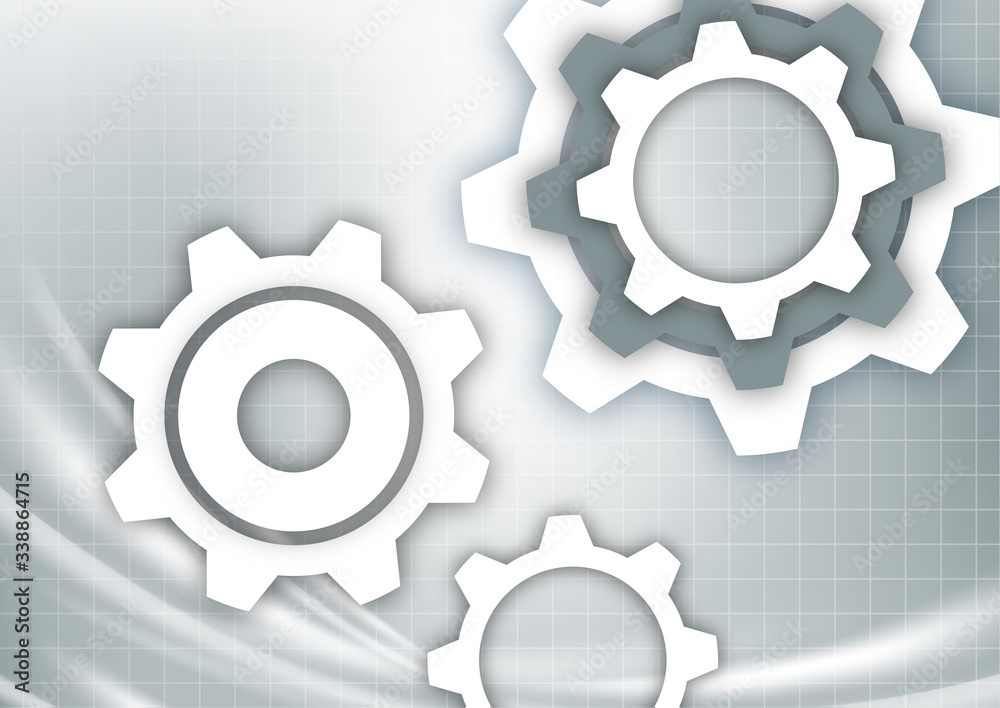 White abstract gears on a gray background with technical grid, light ...
