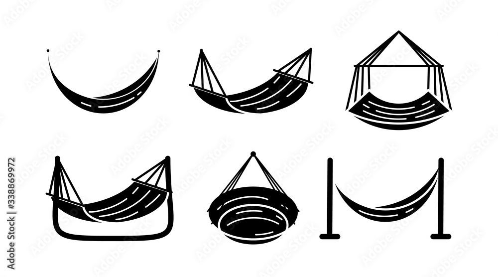 Set of black simple hammock icons isolated on white background. Relax ...