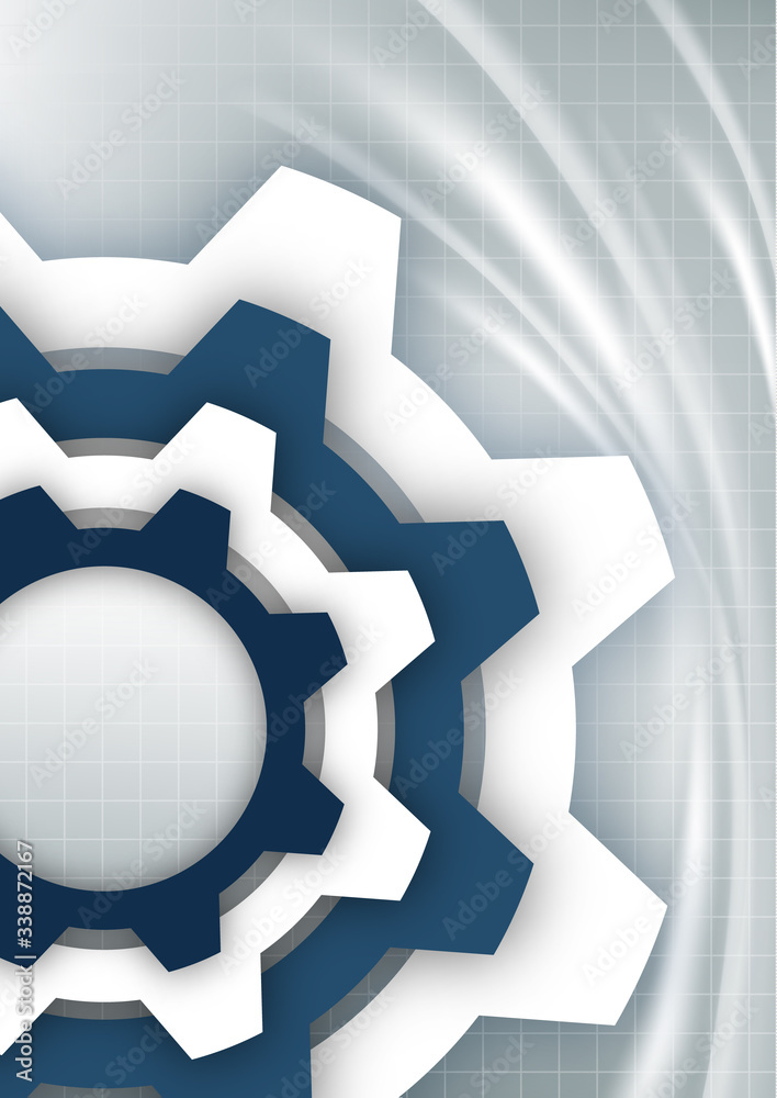 Bright abstract gears on a gray background with a technical grid, light ...
