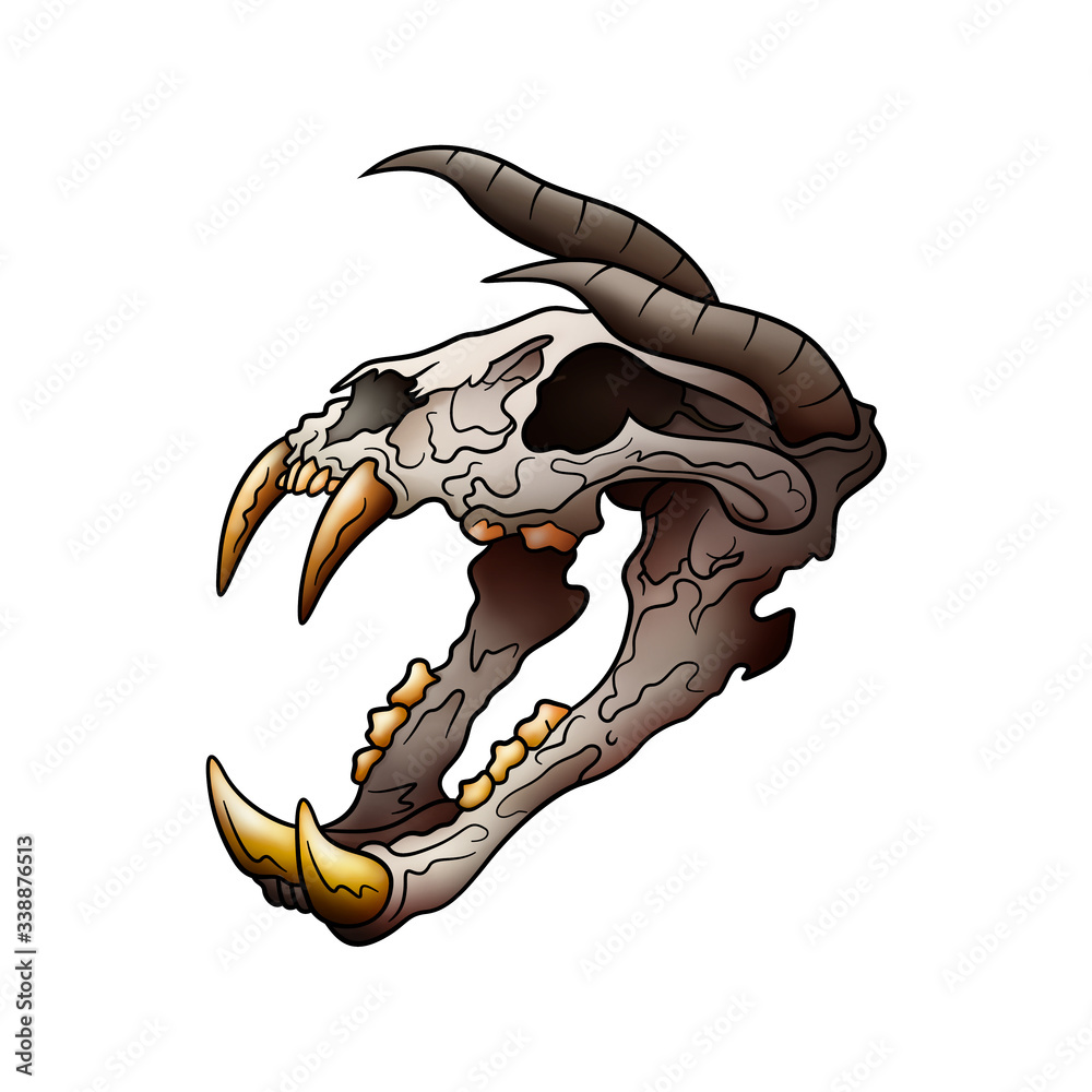 Cartoon cat skull with horns and golden teeth isolated on white ...