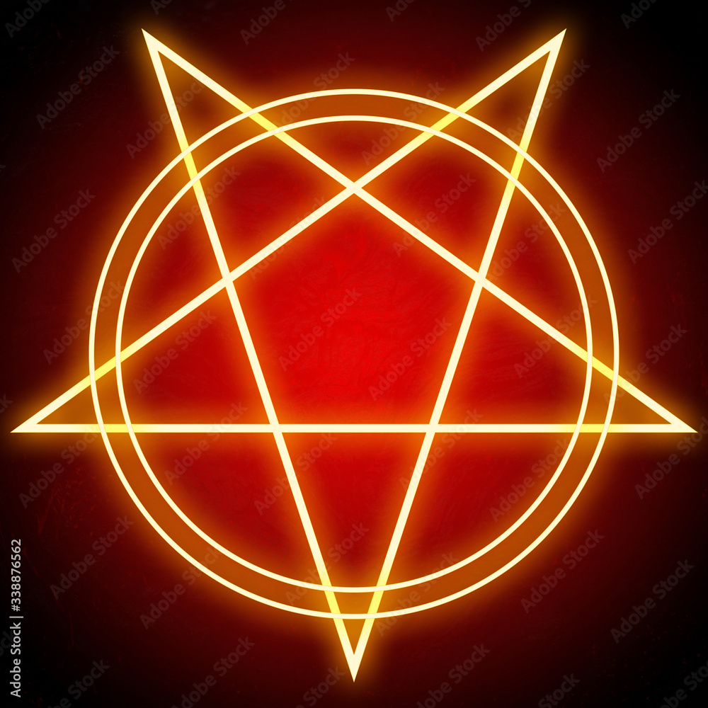Glowing bright pentagram star and double circles shining red on dark ...