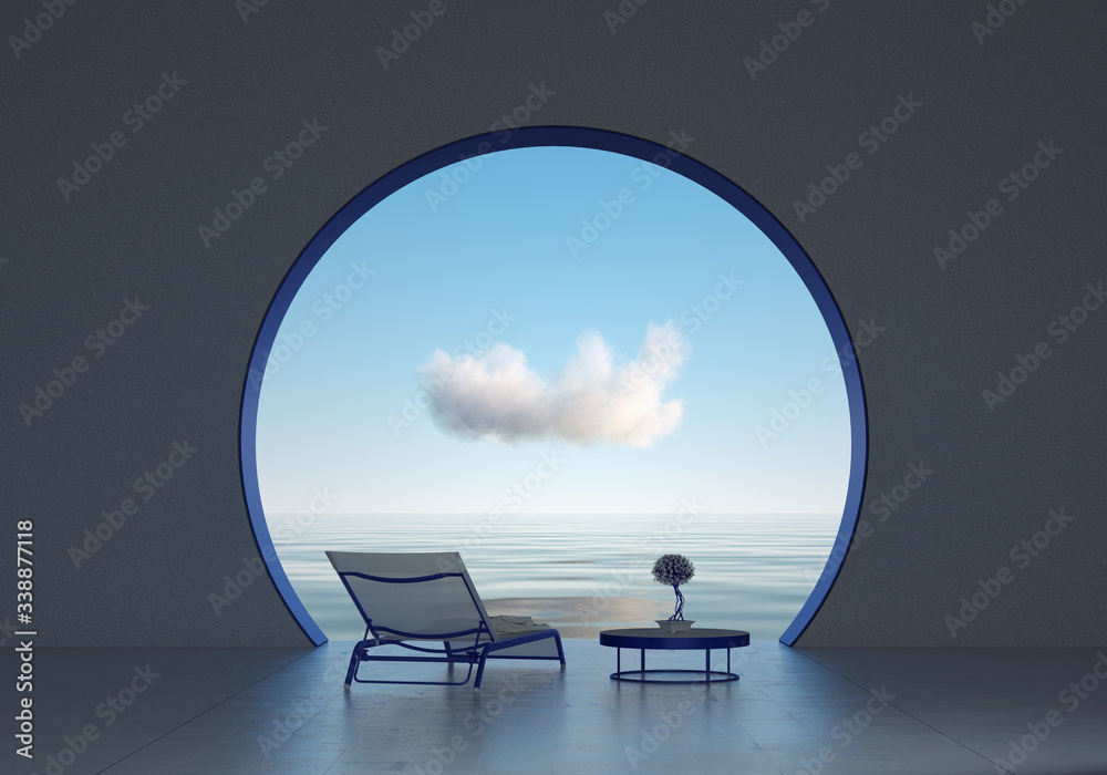 Surreal luxury interior with round window and waterscape view ...