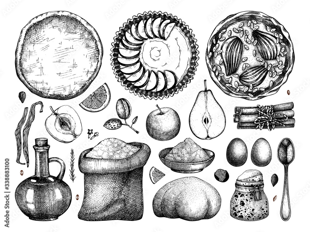 Desserts cooking process collection. Hand drawn baking cakes, pies ...