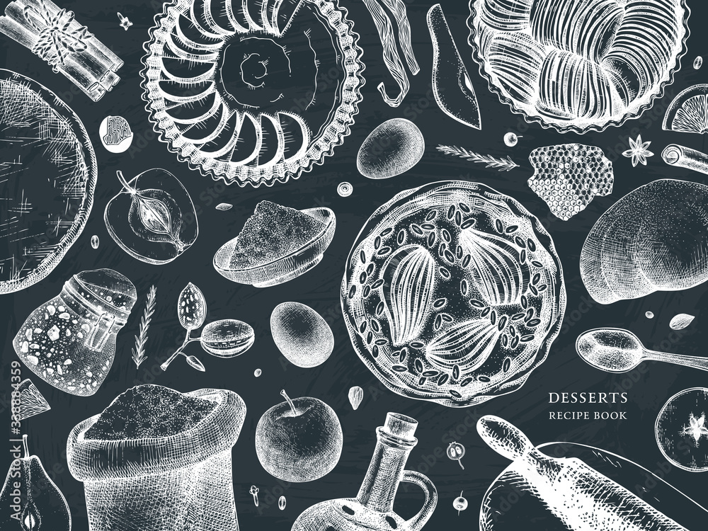 Desserts cooking process background in color. Hand drawn baking cakes ...