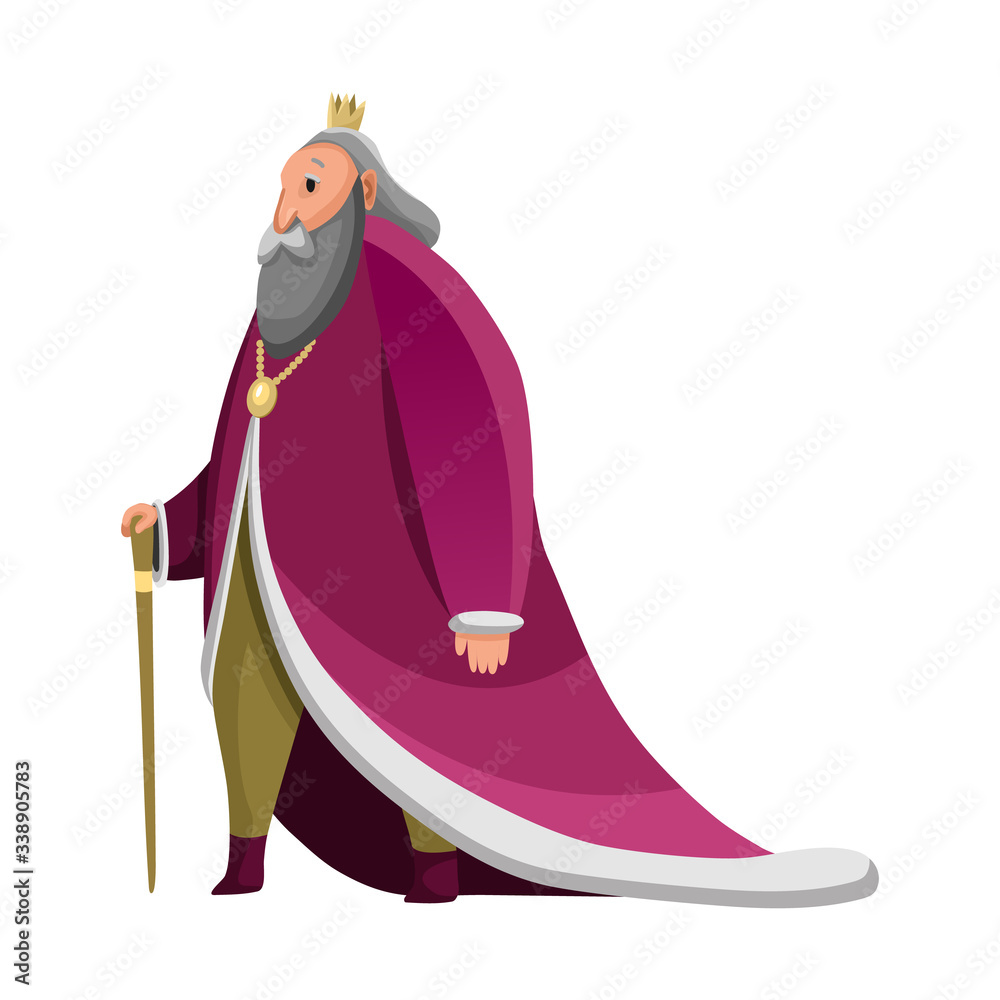 Cartoon king wearing crown and mantle. Old tall king walking with stick ...