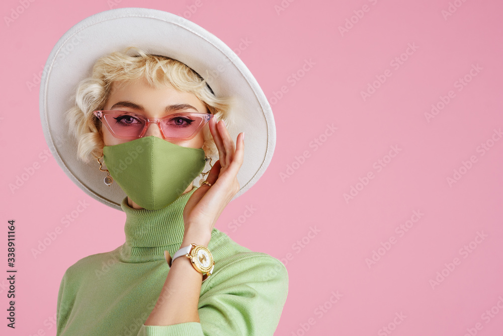 Woman wearing trendy fashion outfit during quarantine of coronavirus ...