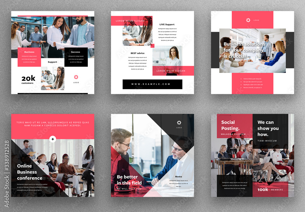 Social Media Post Layout Kit with Red Accent Stock Template | Adobe Stock