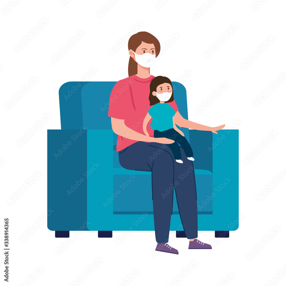 campaign stay at home with mom and daughter using face mask in living ...