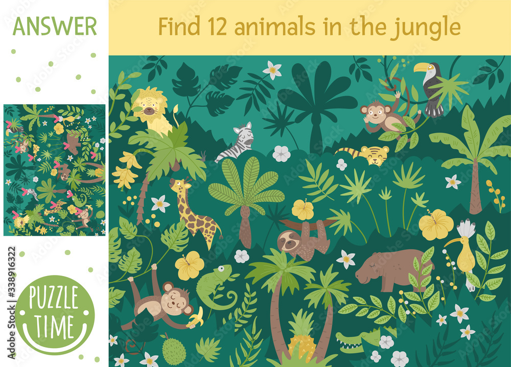 Tropical searching game for children with cute funny characters. Find ...