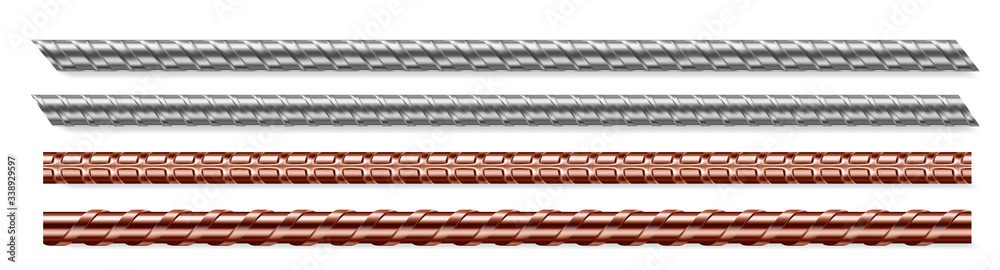 Metal rods, steel and copper bars set isolated on white background ...