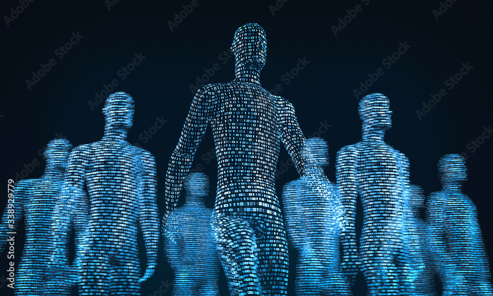 crowd of walking digital people. The concept of the symbiosis of man ...