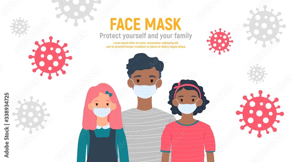 Children with medical masks on faces to protect their against ...