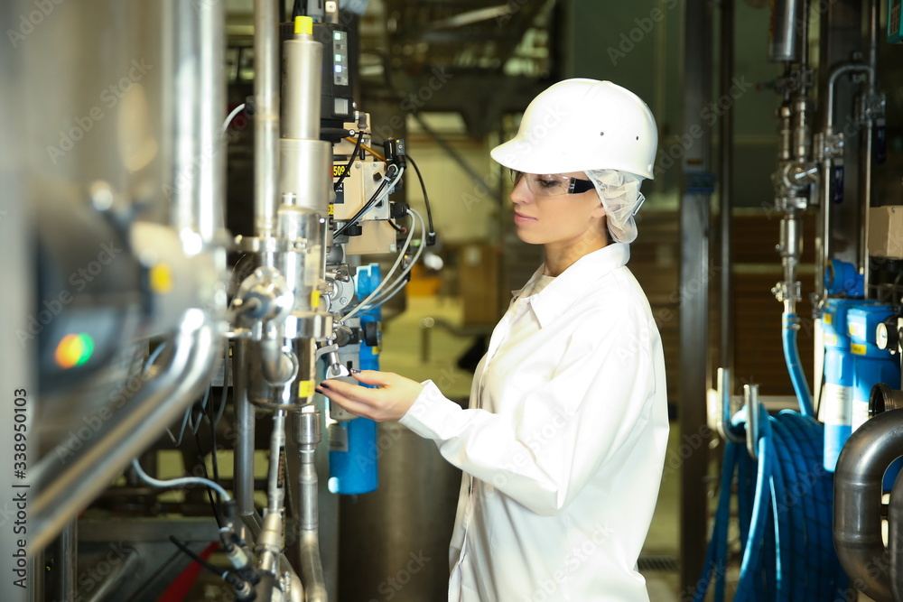 female engineer conducting an inspection in a production hall at a food ...