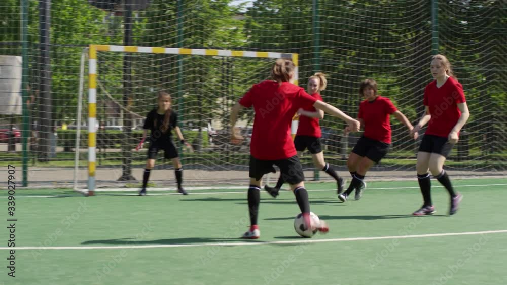 Young girls in sportswear playing professional soccer on green field ...