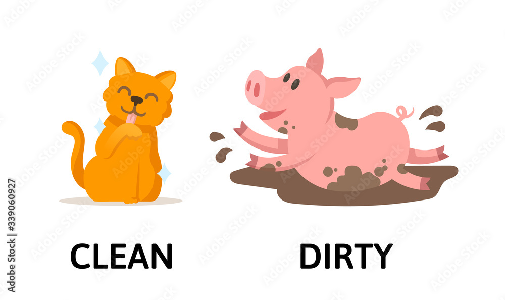 Words clean and dirty textcard with cartoon cat and pig characters ...