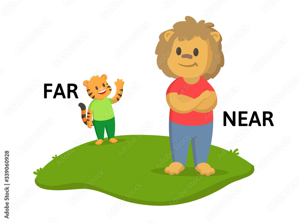 Words far and near textcard with cartoon lion and tiger characters ...